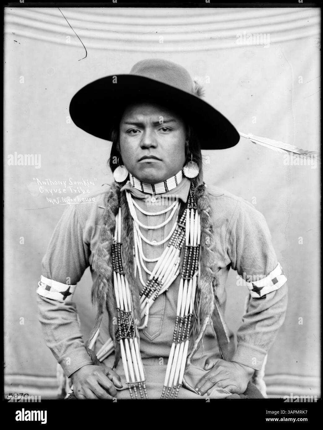 Photograph of Anthony Somkin, a Cayuse tribal man, in traditional ...