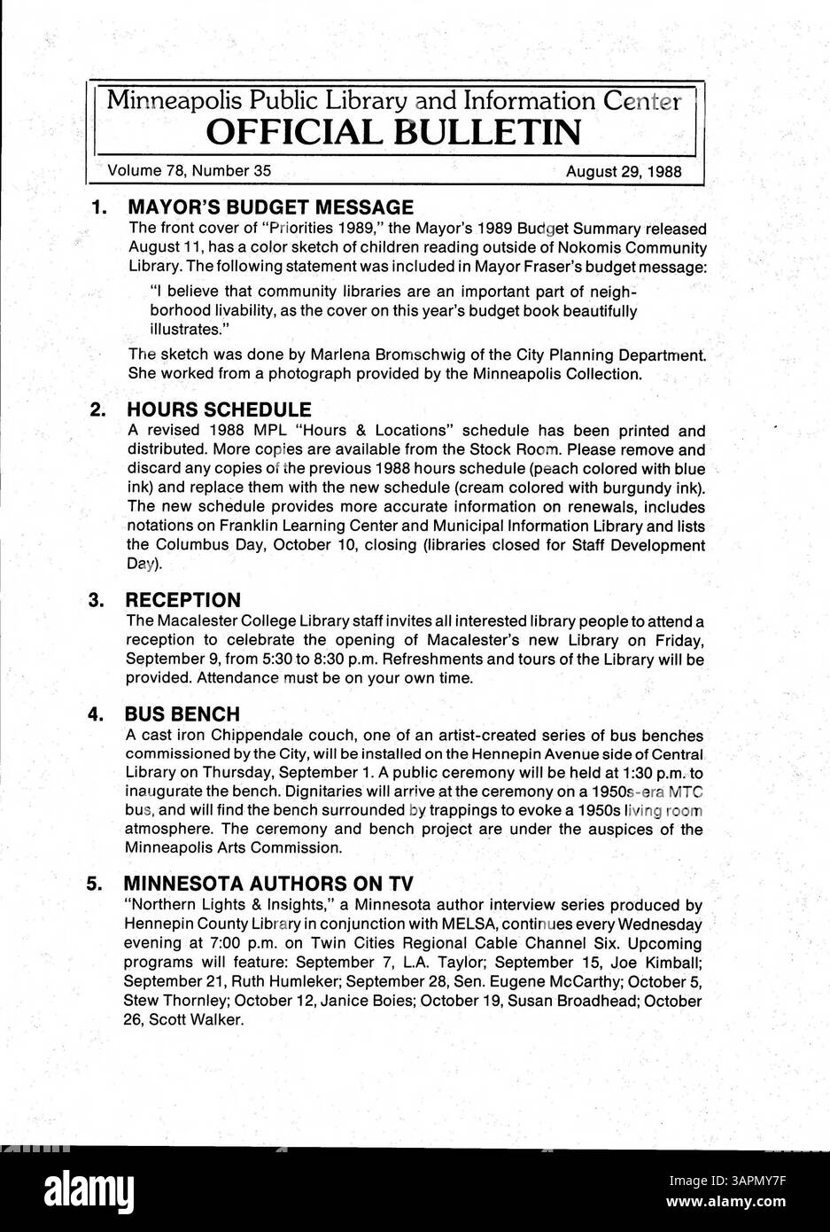 The 1988 edition of the 'Minneapolis Public Library Official Bulletin ...