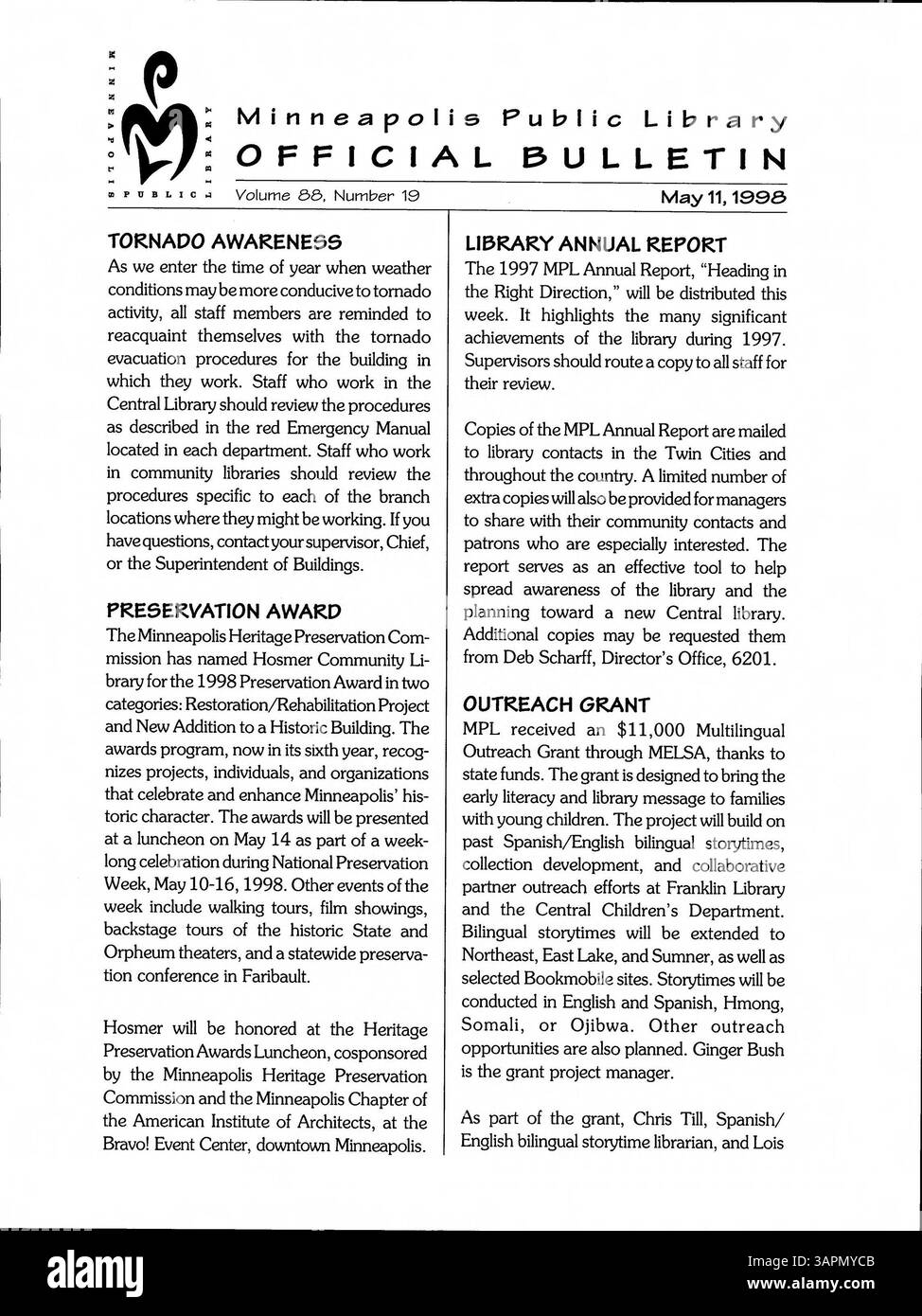 The 1998 Minneapolis Public Library Official Bulletin provides weekly ...