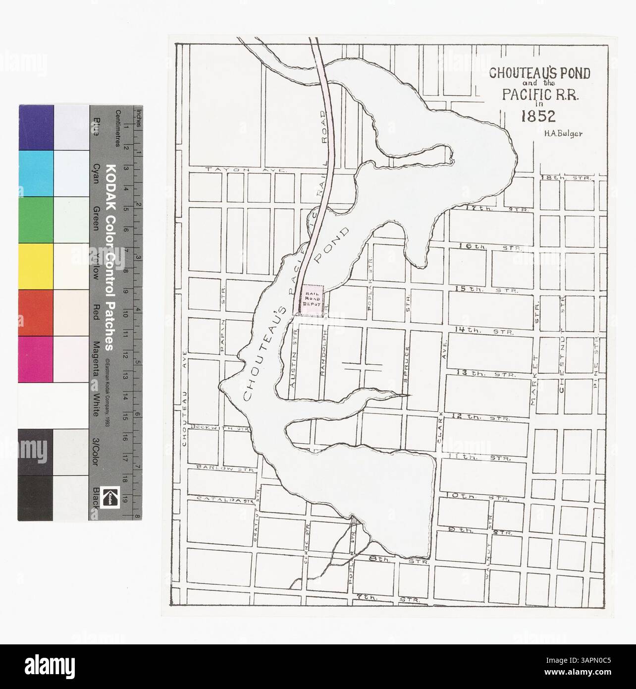 The map from 1852 shows Chouteau's Pond overlaid onto St. Louis' street ...