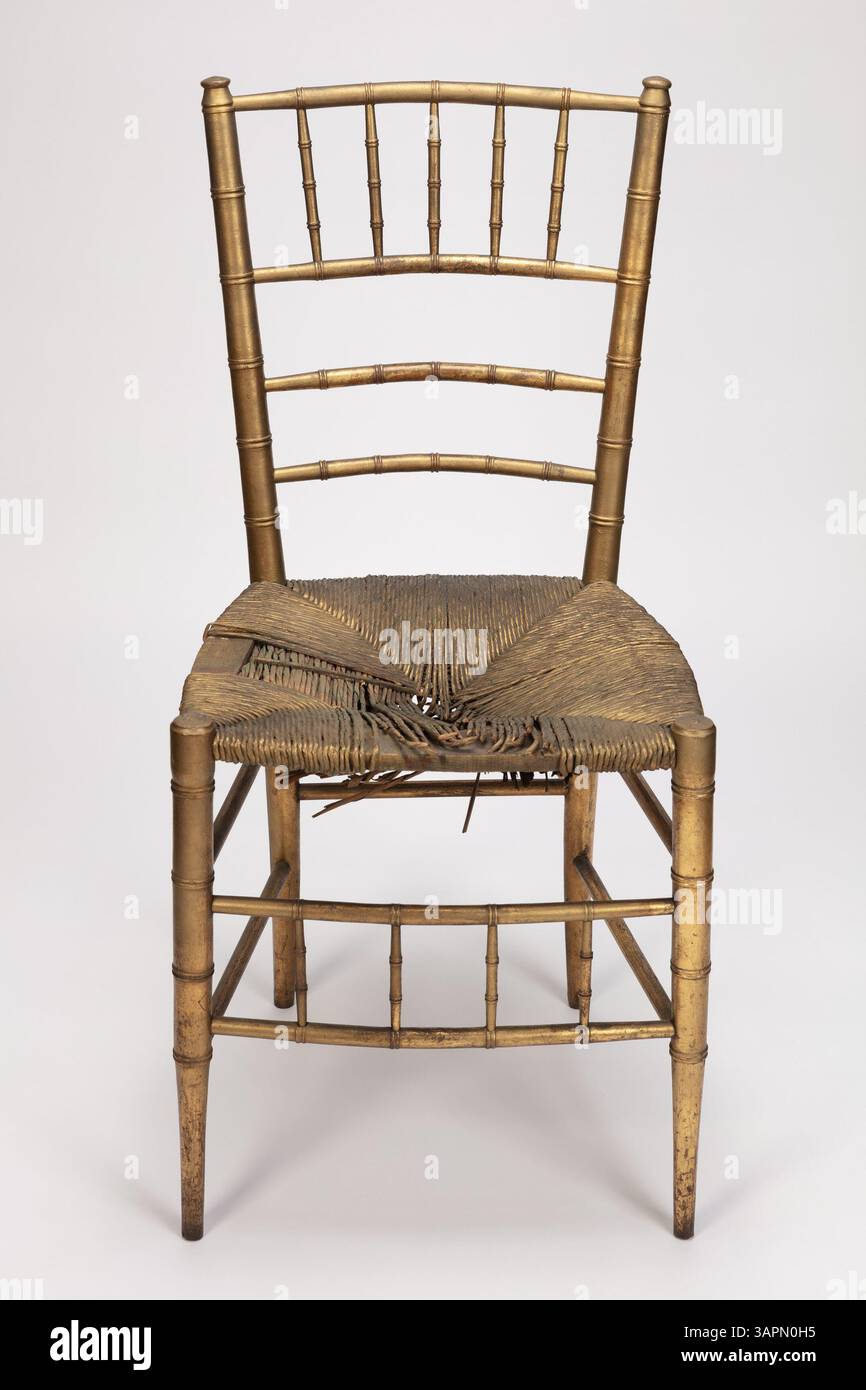 This wooden Chiavari-style side chair is painted gold with bamboo ...