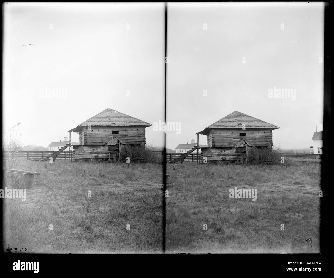 This stereograph photograph shows a block house at Fort Sheridan. The ...