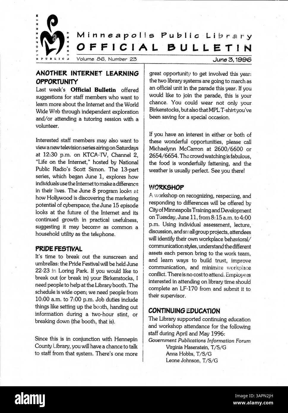 This weekly bulletin from the Minneapolis Public Library in 1996 ...