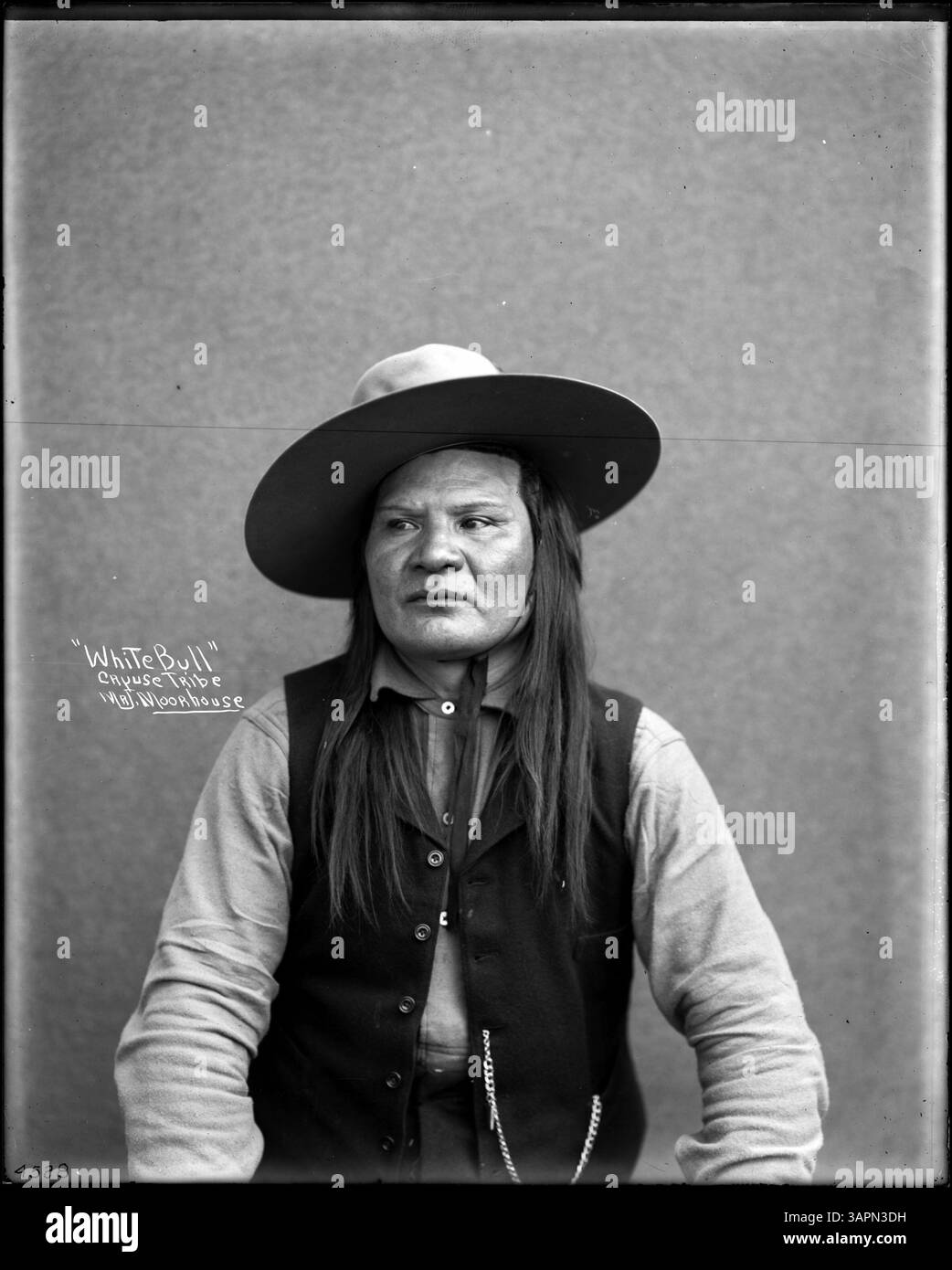 This photograph shows White Bull, a Cayuse man, dressed in a European ...