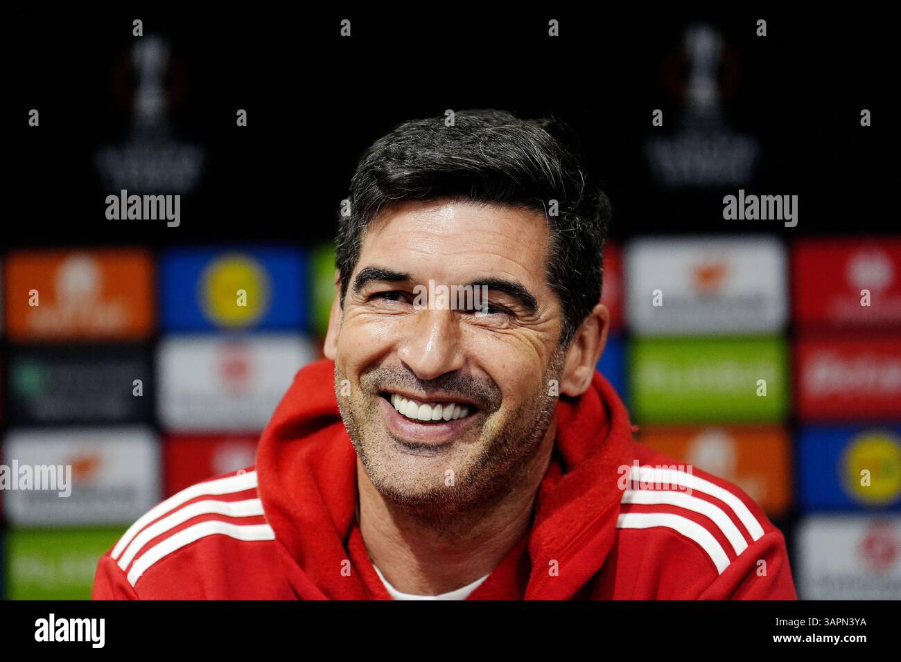 Lyon manager Paulo Fonseca during a press conference at Old Trafford ...