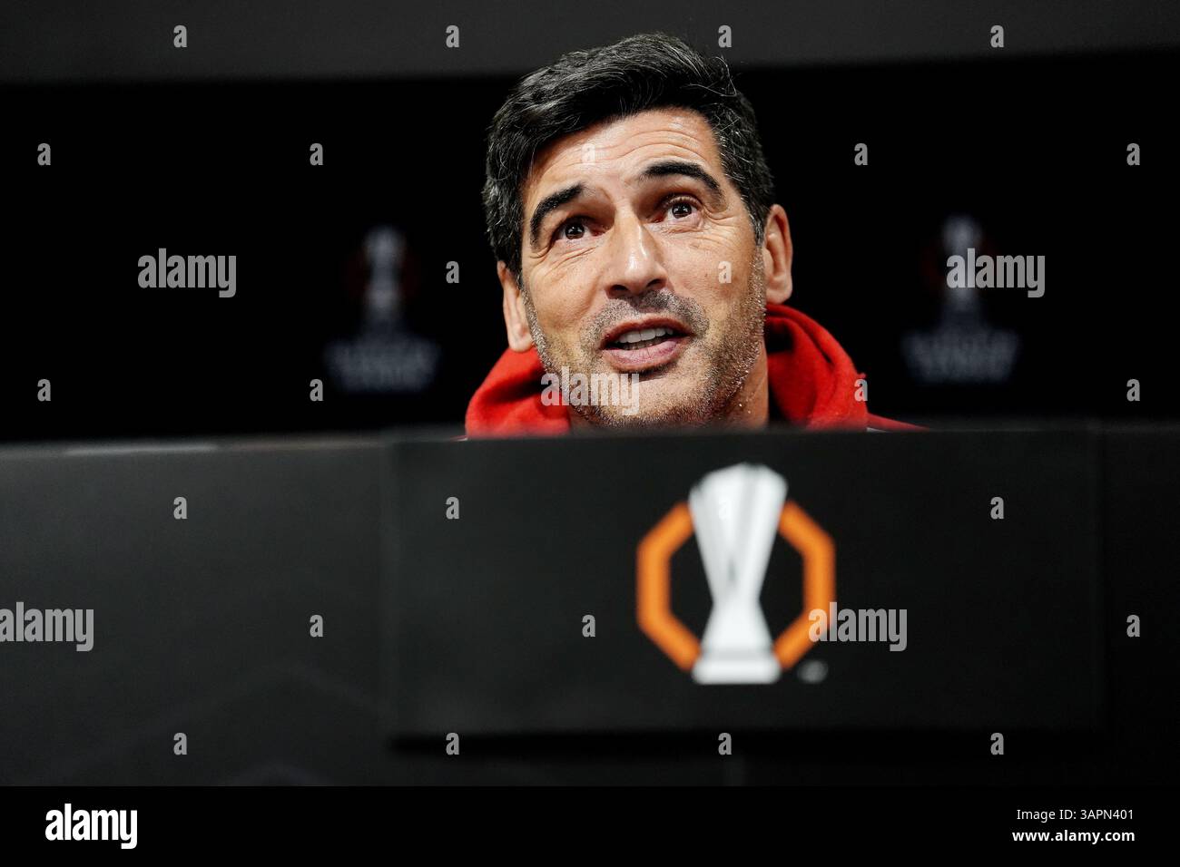 Lyon manager Paulo Fonseca during a press conference at Old Trafford ...