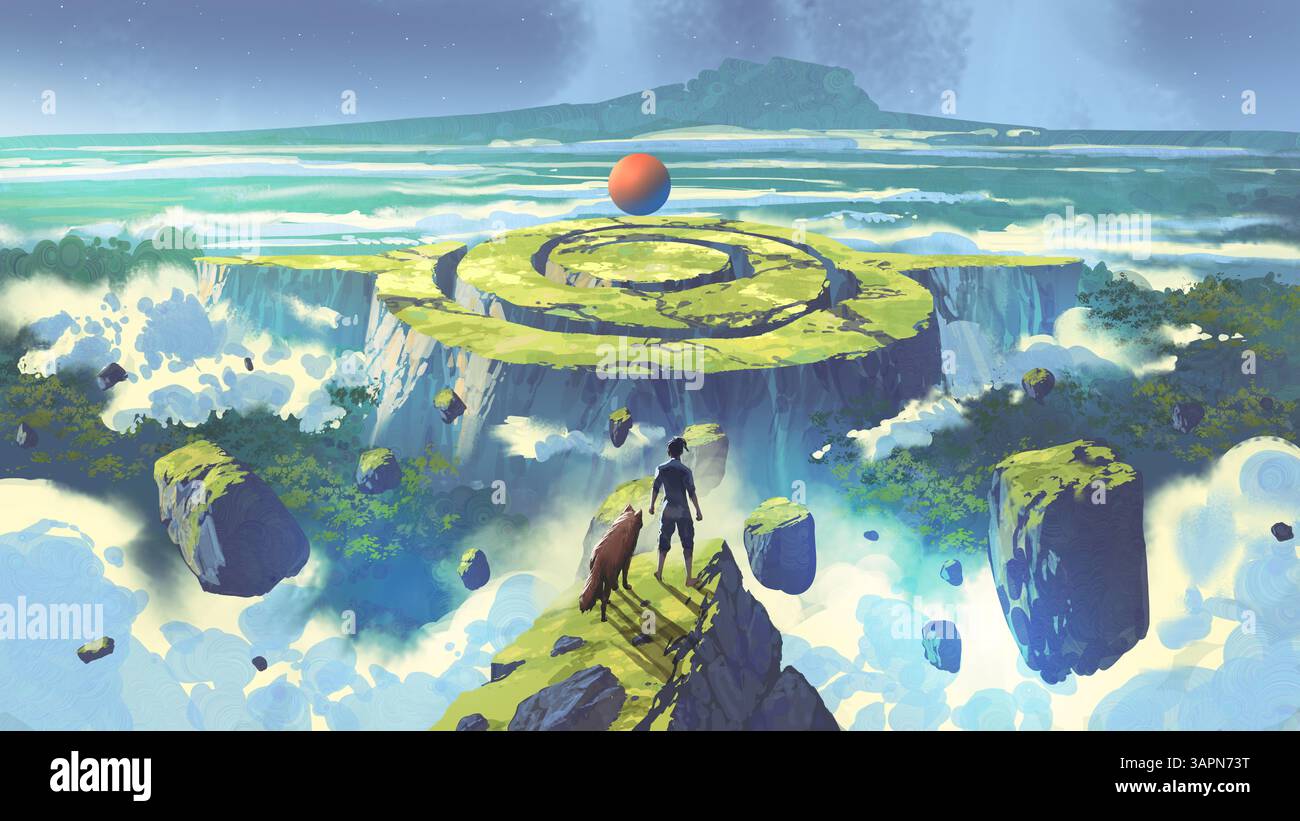 A man and a wolf stand on a cliff overlooking a surreal floating island with a circular path and ...