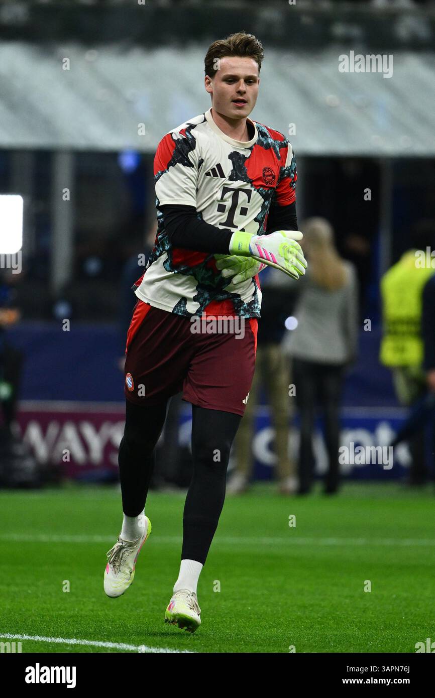 Milan, Italy. 16th Apr, 2025. Jonas Urbig of F.C. Bayern Munchen during warm up prior the match ...