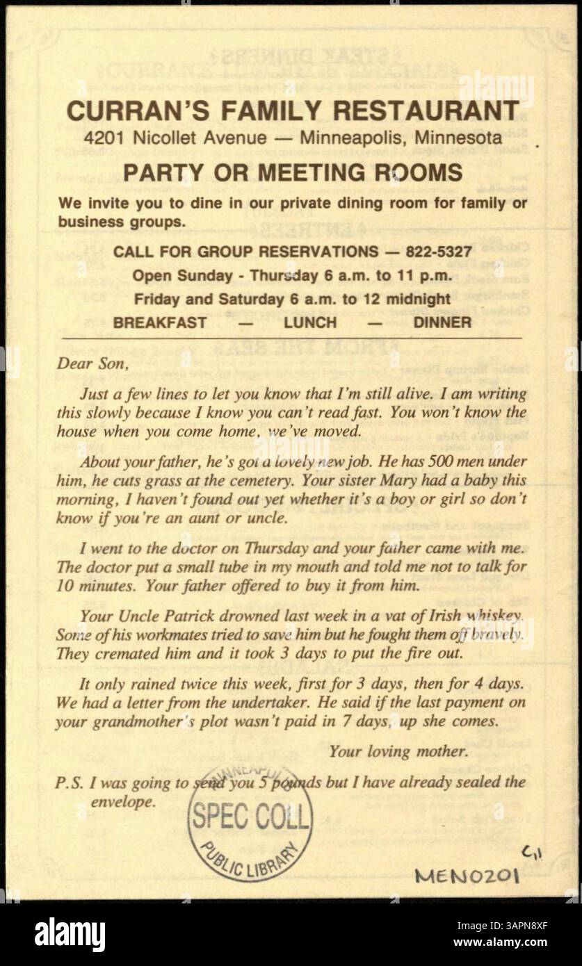 This menu includes breakfast options, steaks, seafood, salads ...