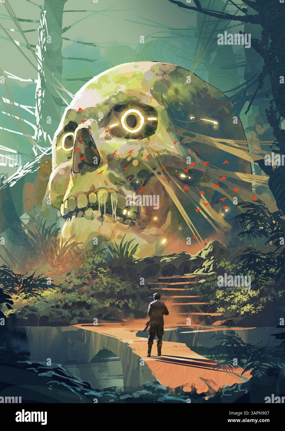 An adventurer walks toward a massive overgrown skull with glowing eyes ...