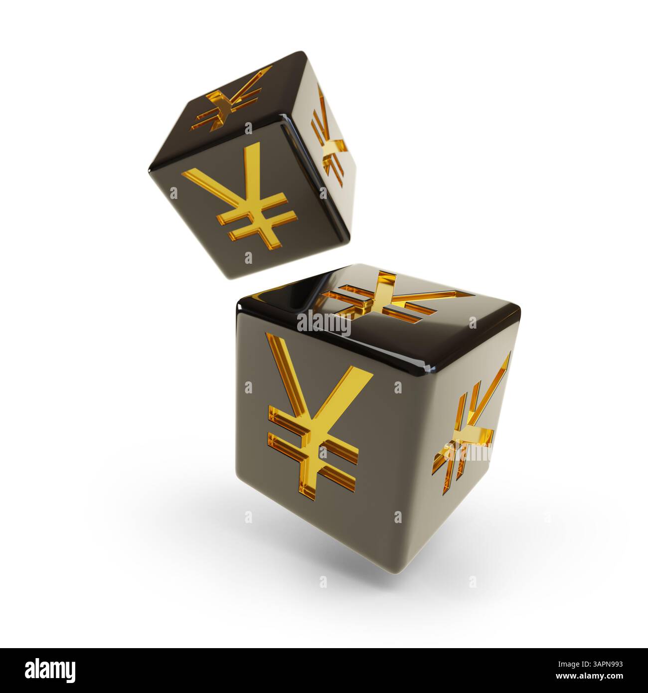 Two dice with golden yuan signs isolated on white background. 3d ...