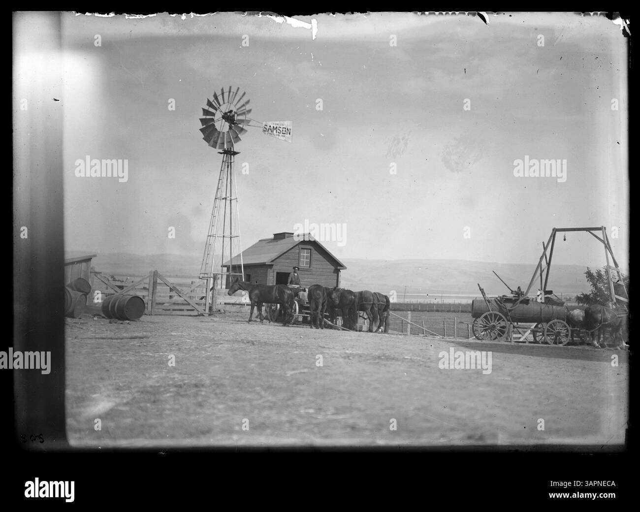 Photograph of Crowe Ranch showing a pump house, watering trough, Samson ...