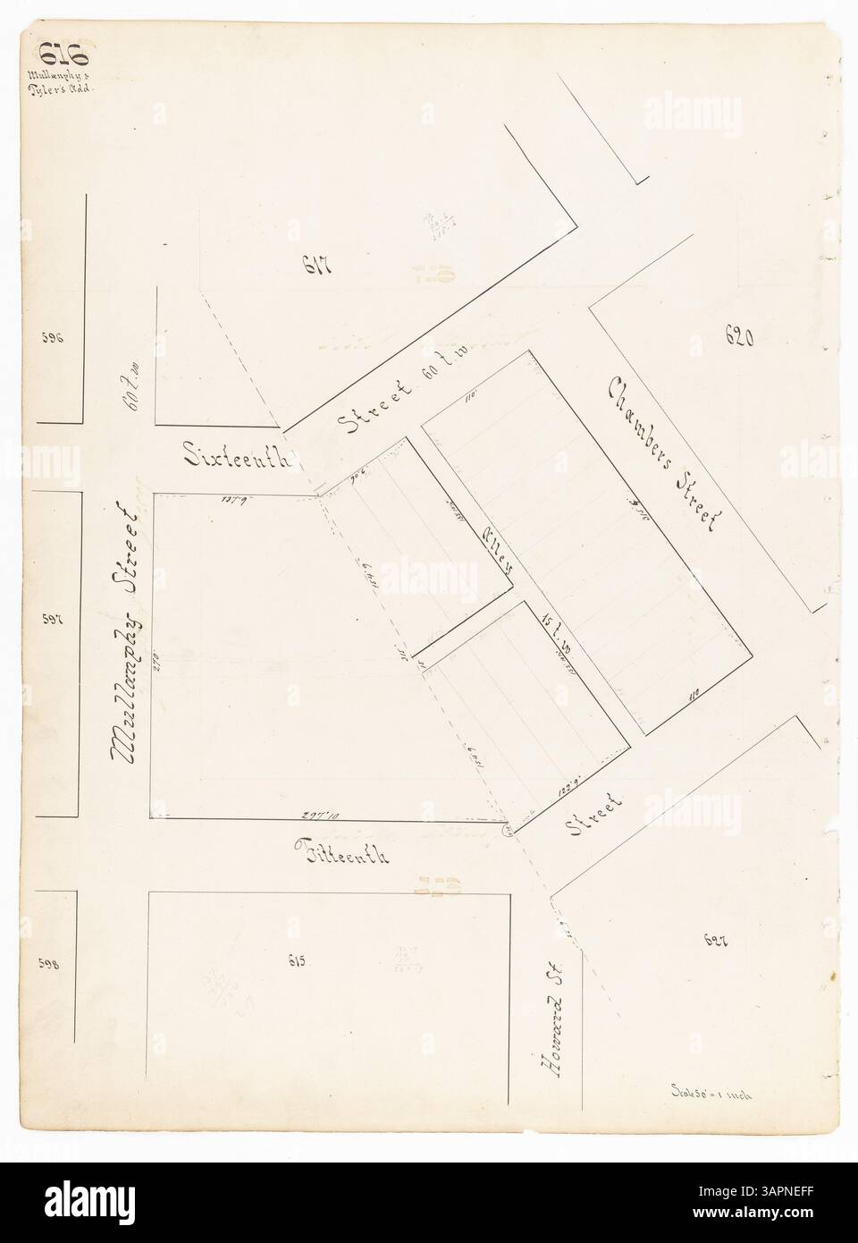 This map of St. Louis blocks 489-492 and 505-656 shows ink-drawn ...