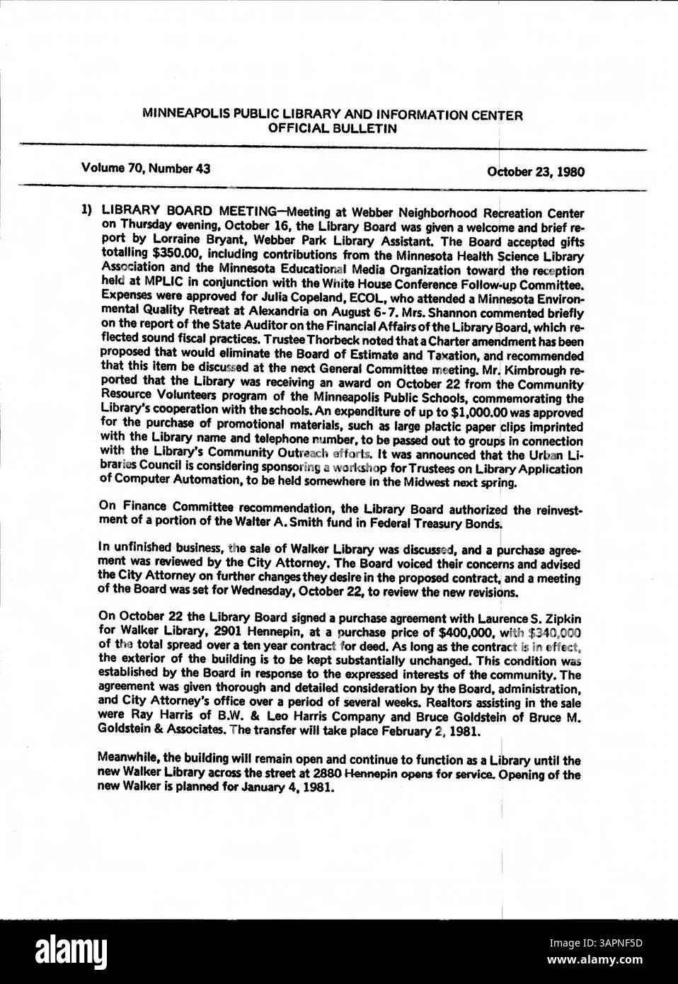 The 1980 Minneapolis Public Library Official Bulletin provides library ...