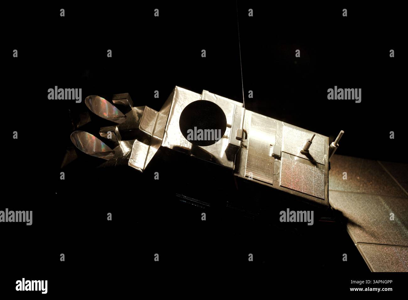 A model of a box-like spaceship with two engines was exhibited at the ...