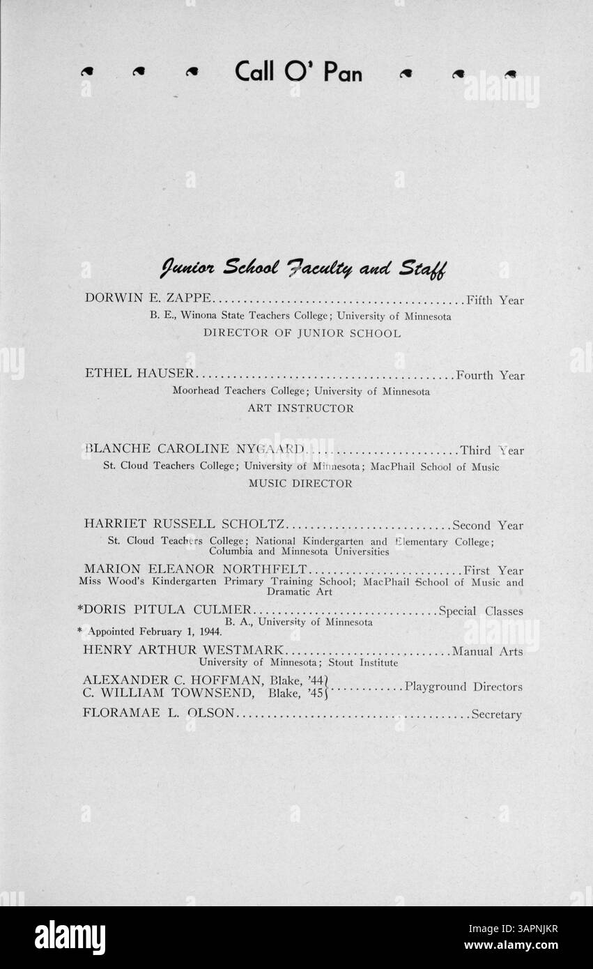 The 1944 Blake Yearbook, 'Call-O'-Pan,' records the students, faculty ...