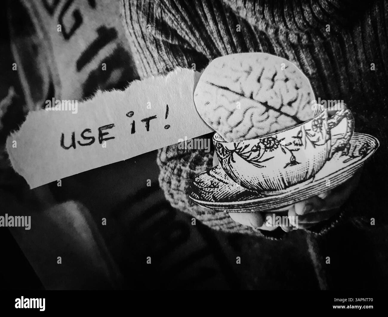 Conceptual self made collage art of a hand holding a cup with a brain ...