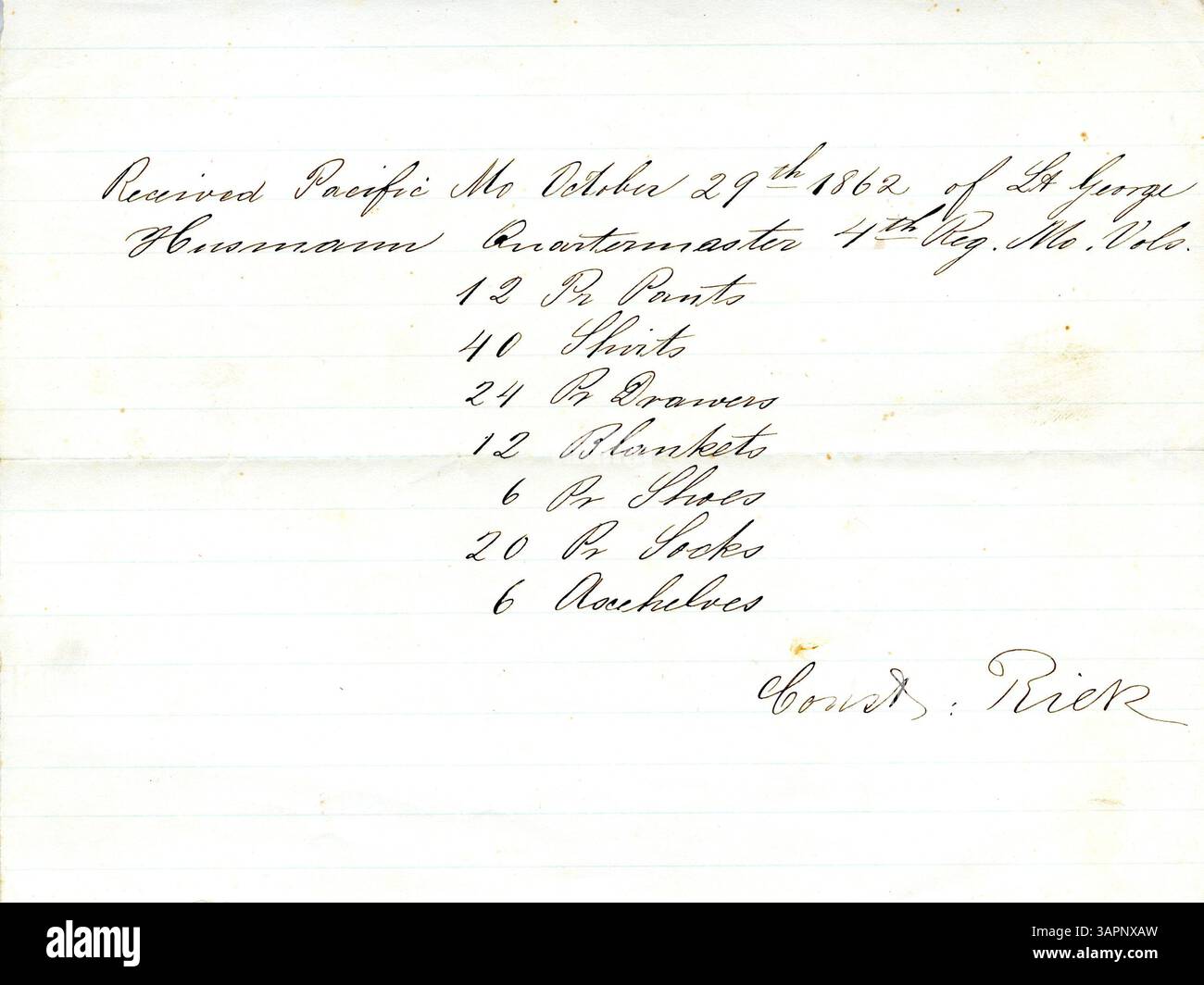 Constance Riek signed a receipt on October 29, 1862, acknowledging the ...