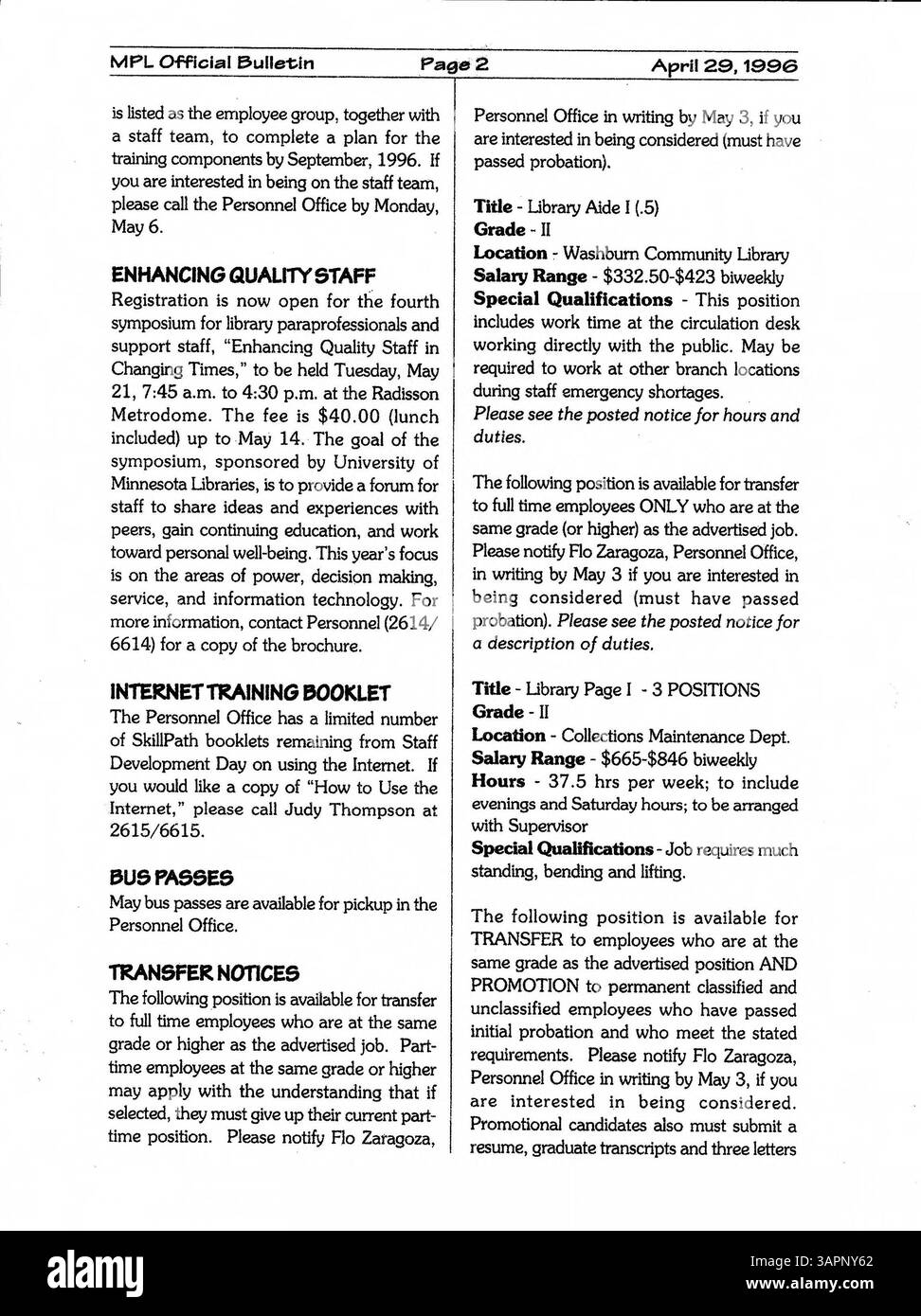 This weekly bulletin from 1996 provides updates and news for employees ...