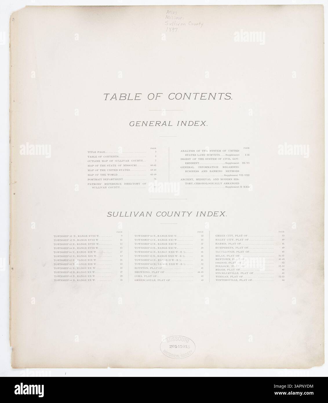 A table of contents from the Standard Atlas of Sullivan County ...