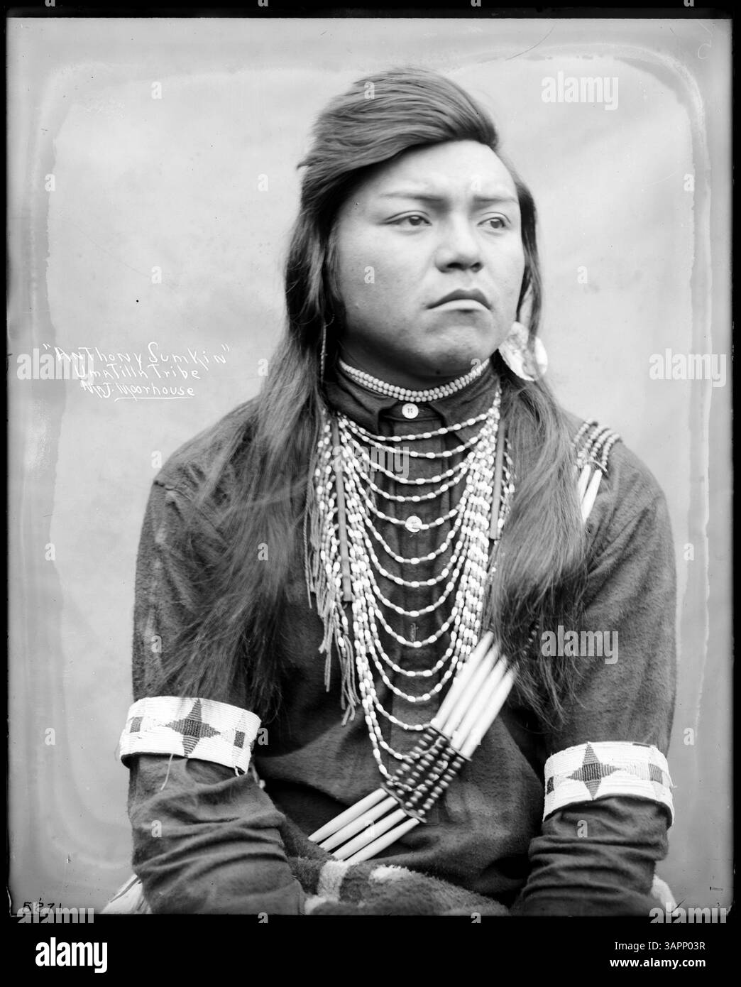 This photograph features Anthony Somkin, a Cayuse tribal man, dressed ...
