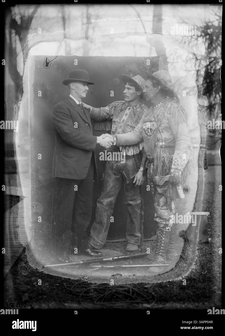 Clark and Morrison, two men in buckskin outfits, are depicted in ...