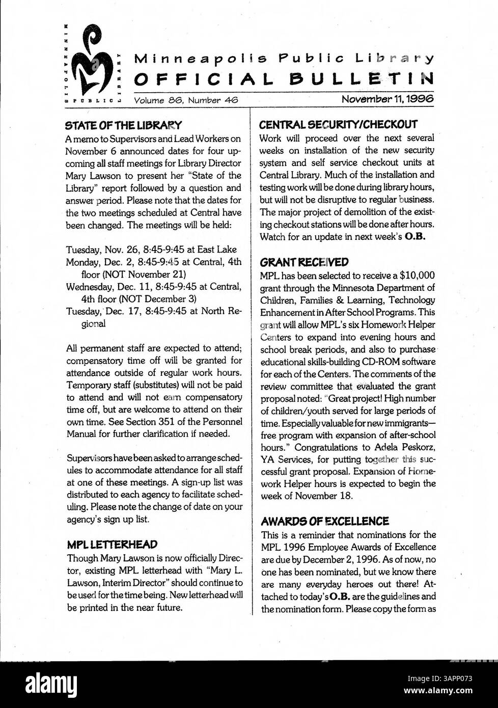 This official weekly bulletin from 1996 provides the Minneapolis Public ...