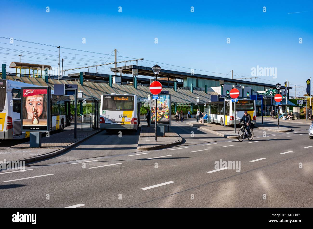 De Lijn regional bus transportation hub at the railway station of ...