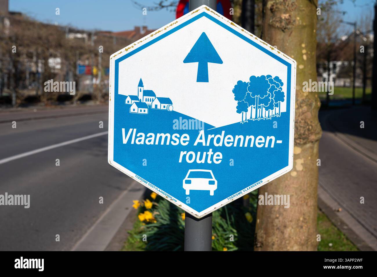 Sign of the Flemish Ardennes route for cars, a regional sightseeing ...