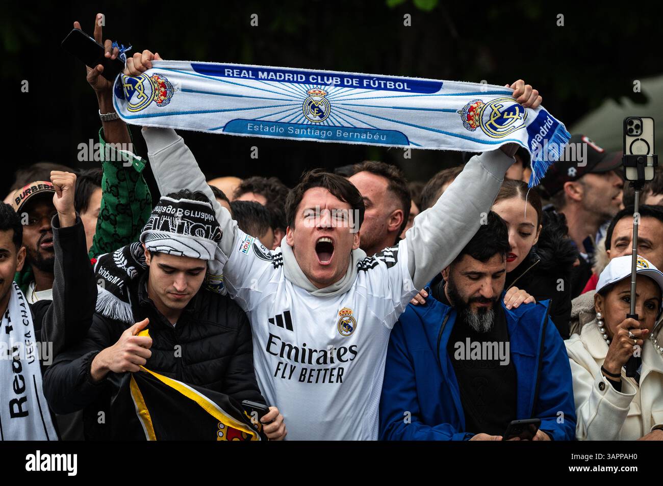 Madrid, Spain. 16th Apr, 2025. A Real Madrid fan shouting outside ...