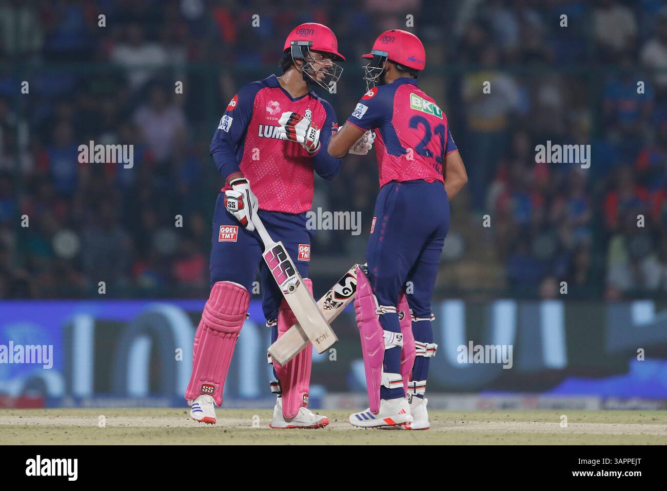 DELHI, INDIA - APRIL 16: Nitish Rana of Rajasthan Royals (L) and Dhruv ...