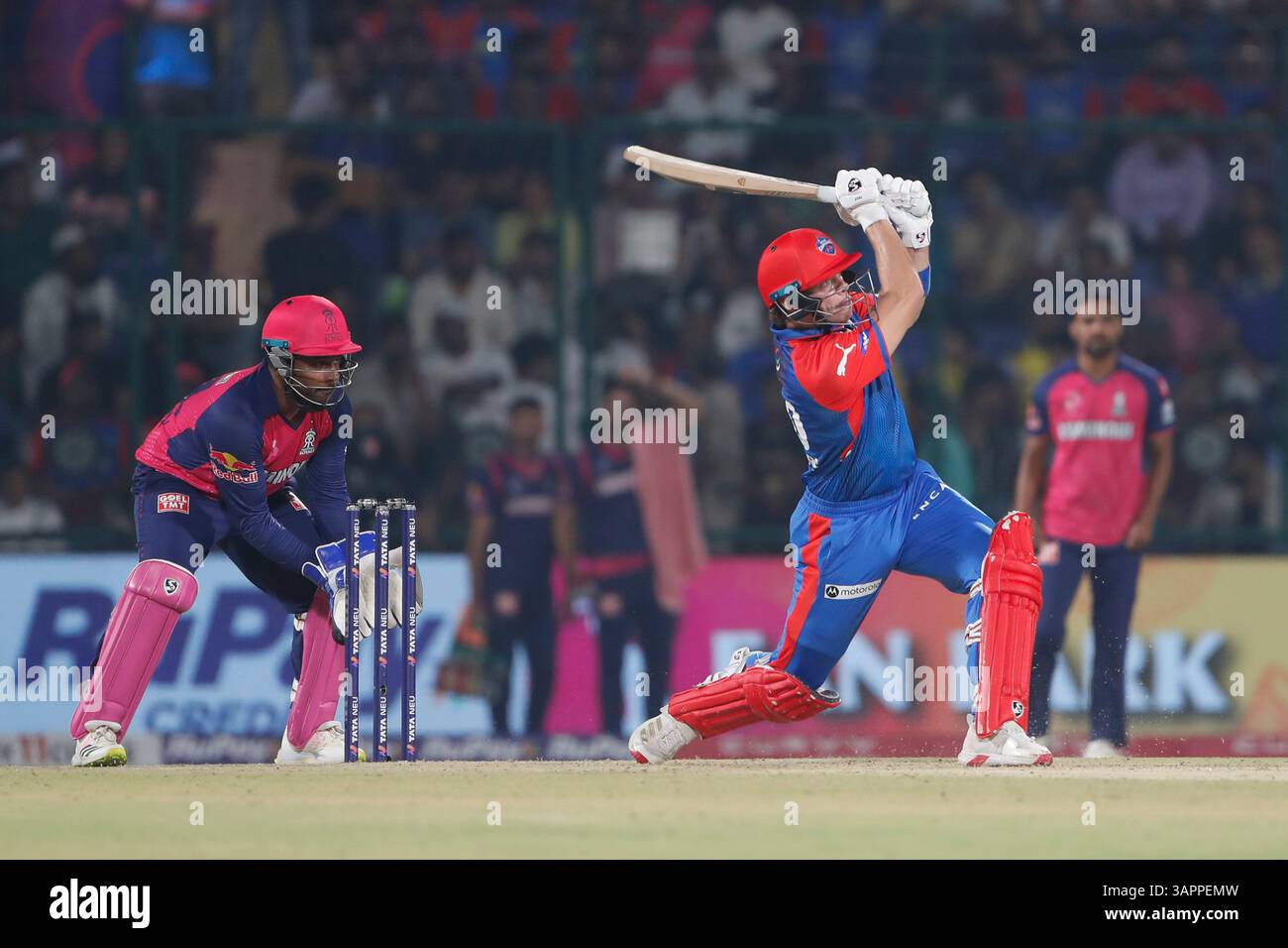 DELHI, INDIA - APRIL 16: Tristan Stubbs of Delhi Capitals play a shots during the 2025 IPL match ...
