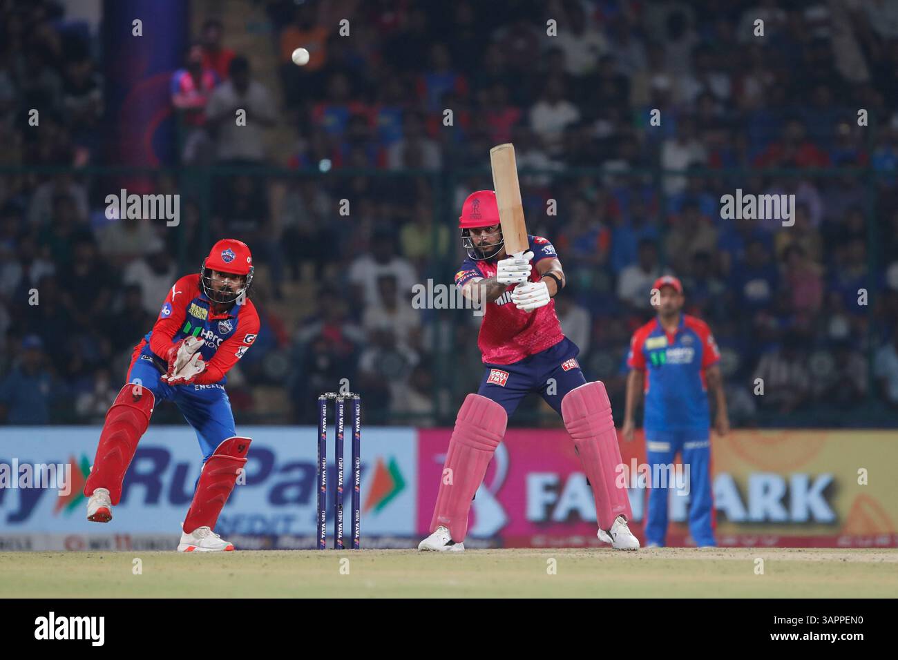 DELHI, INDIA - APRIL 16: Riyan Parag of Rajasthan Royals play shots during the 2025 IPL match ...