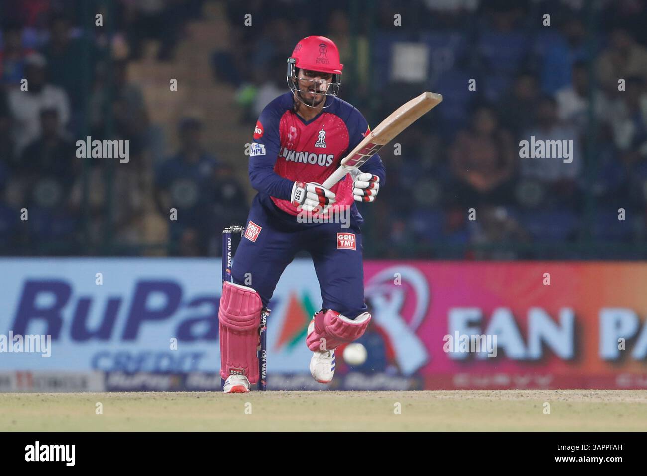 DELHI, INDIA - APRIL 16: Nitish Rana of Rajasthan Royals play a shots ...