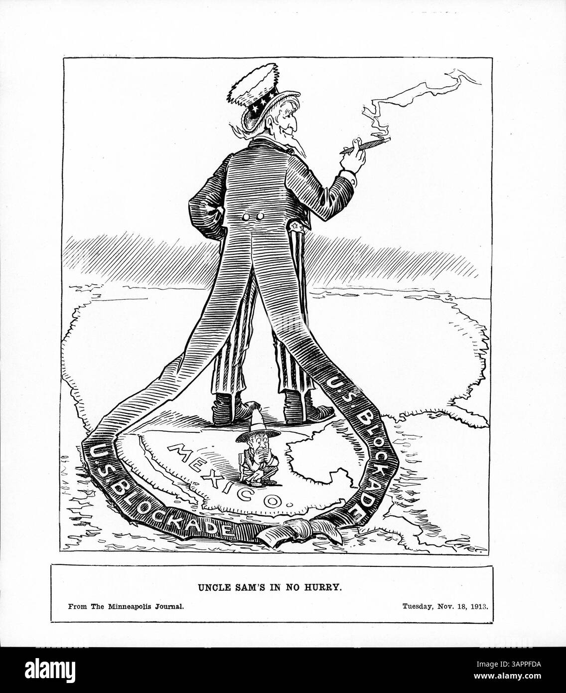 The cartoon 'Uncle Sam's In No Hurry' portrays Uncle Sam standing over ...