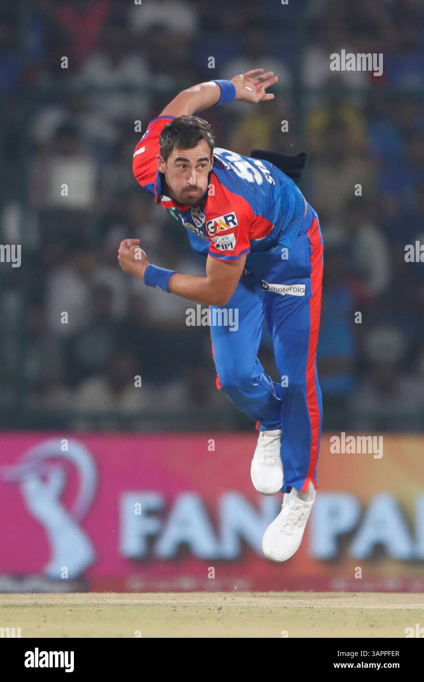 DELHI, INDIA - APRIL 16: Mitchell Starc of Delhi Capitals bowls during the 2025 IPL match ...