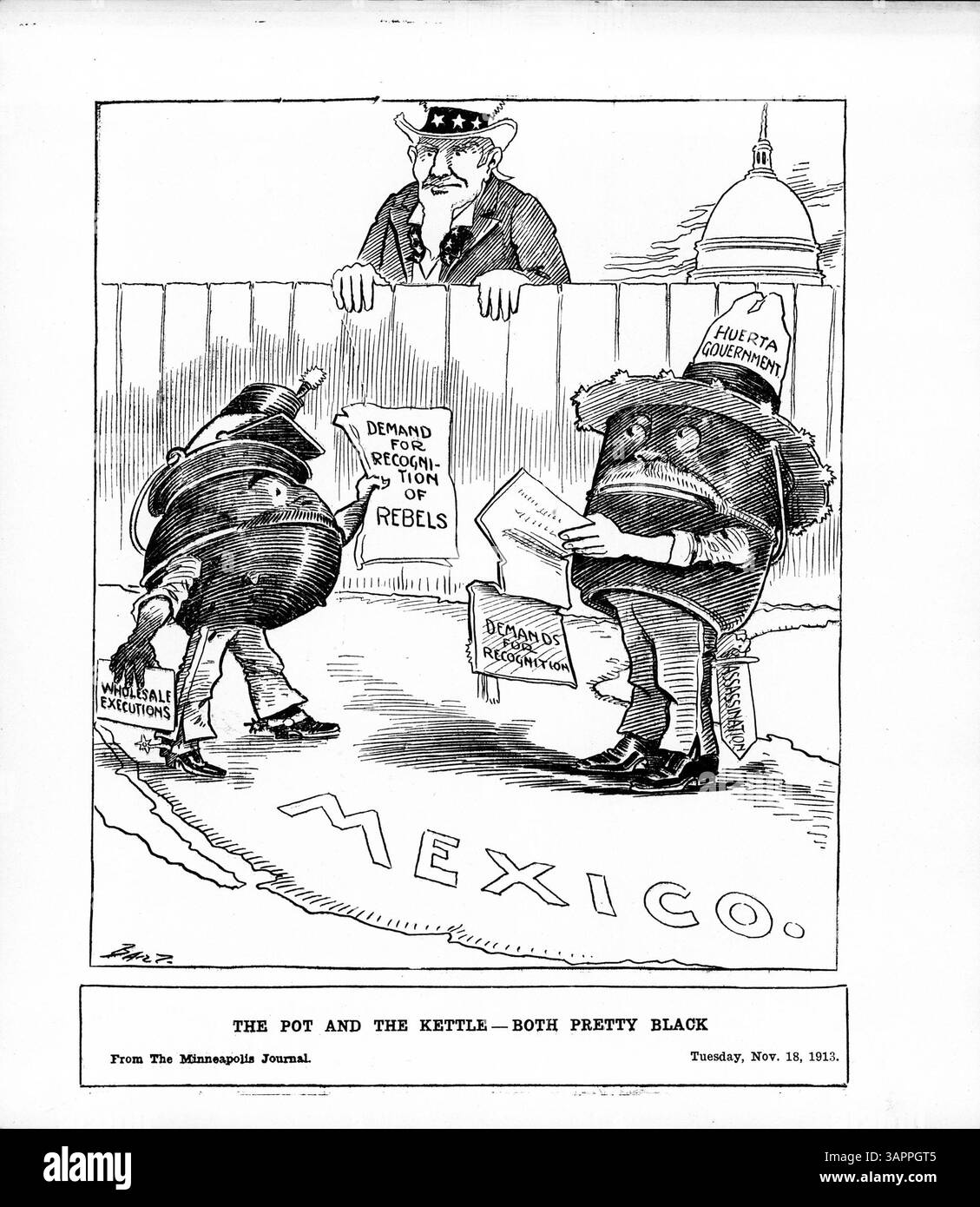 A political cartoon depicting Uncle Sam looking over the fence into ...