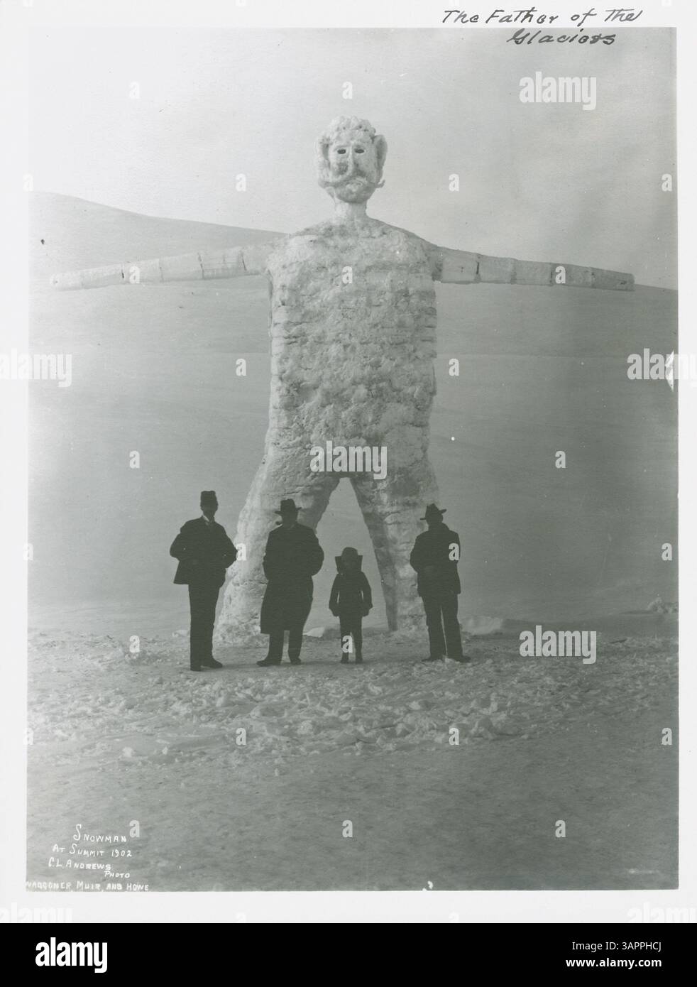 This photograph features silhouettes of three men in hats and a child ...
