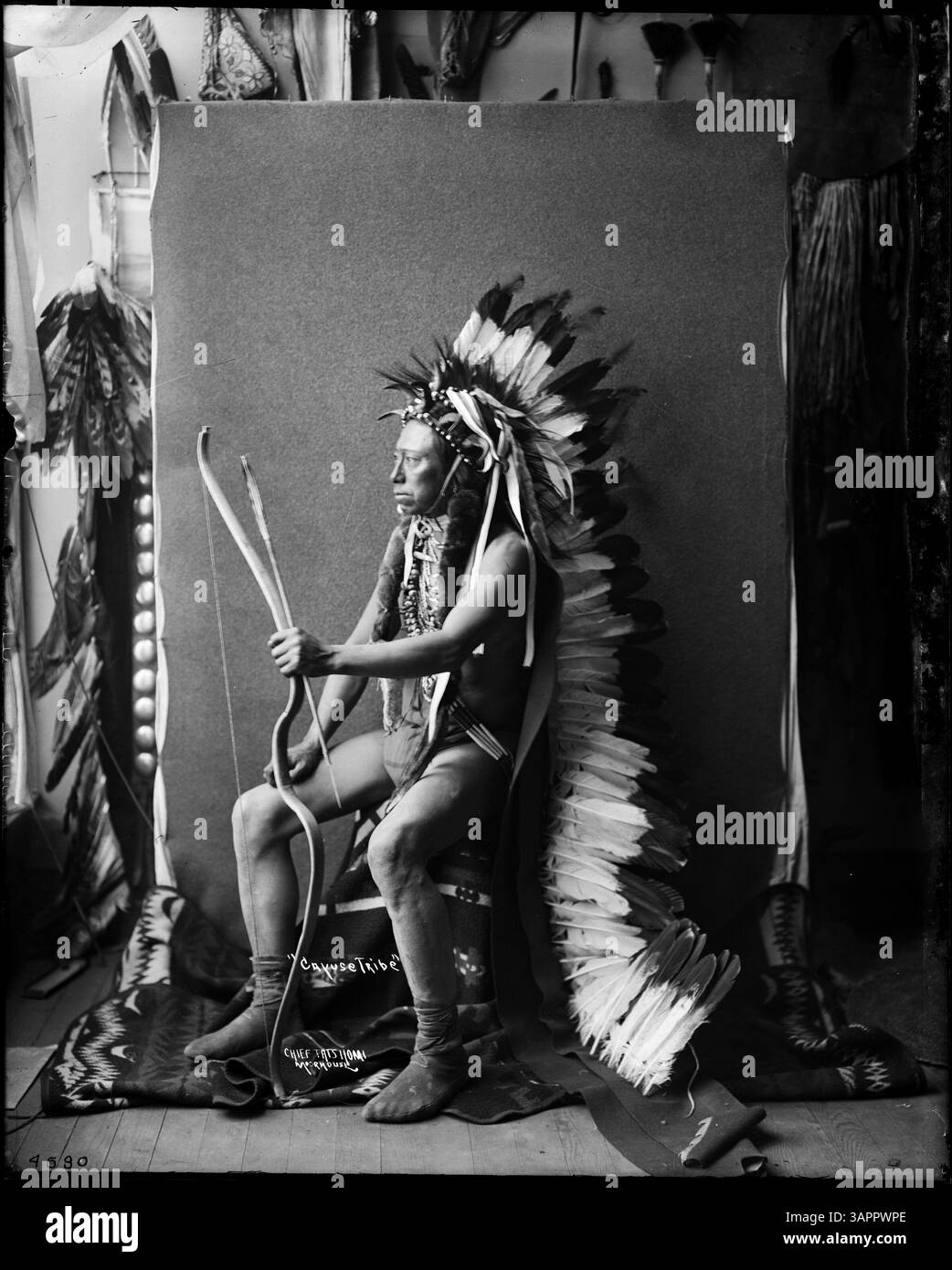 This photograph depicts Tats-homi, a Cayuse Indian, dressed in full ...