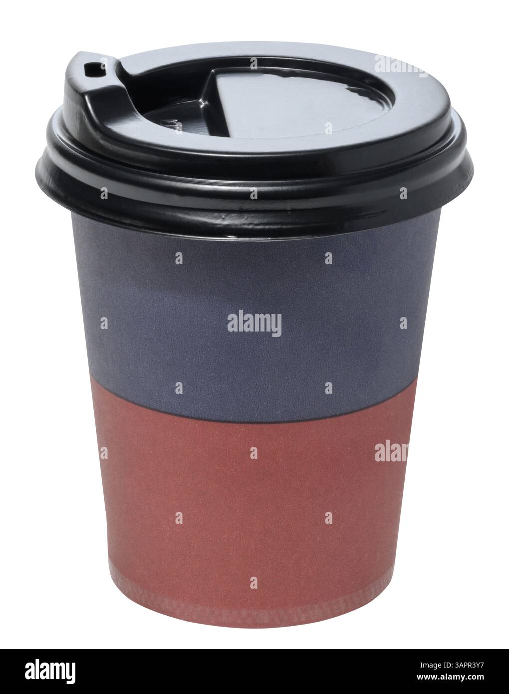 Paper coffee cup with horizontal bands of blue and red is shown with a ...