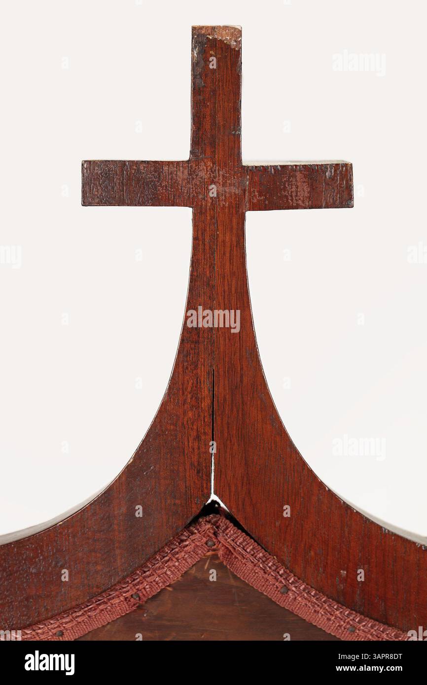 High-backed priest's chair with a red velvet upholstered seat and back ...