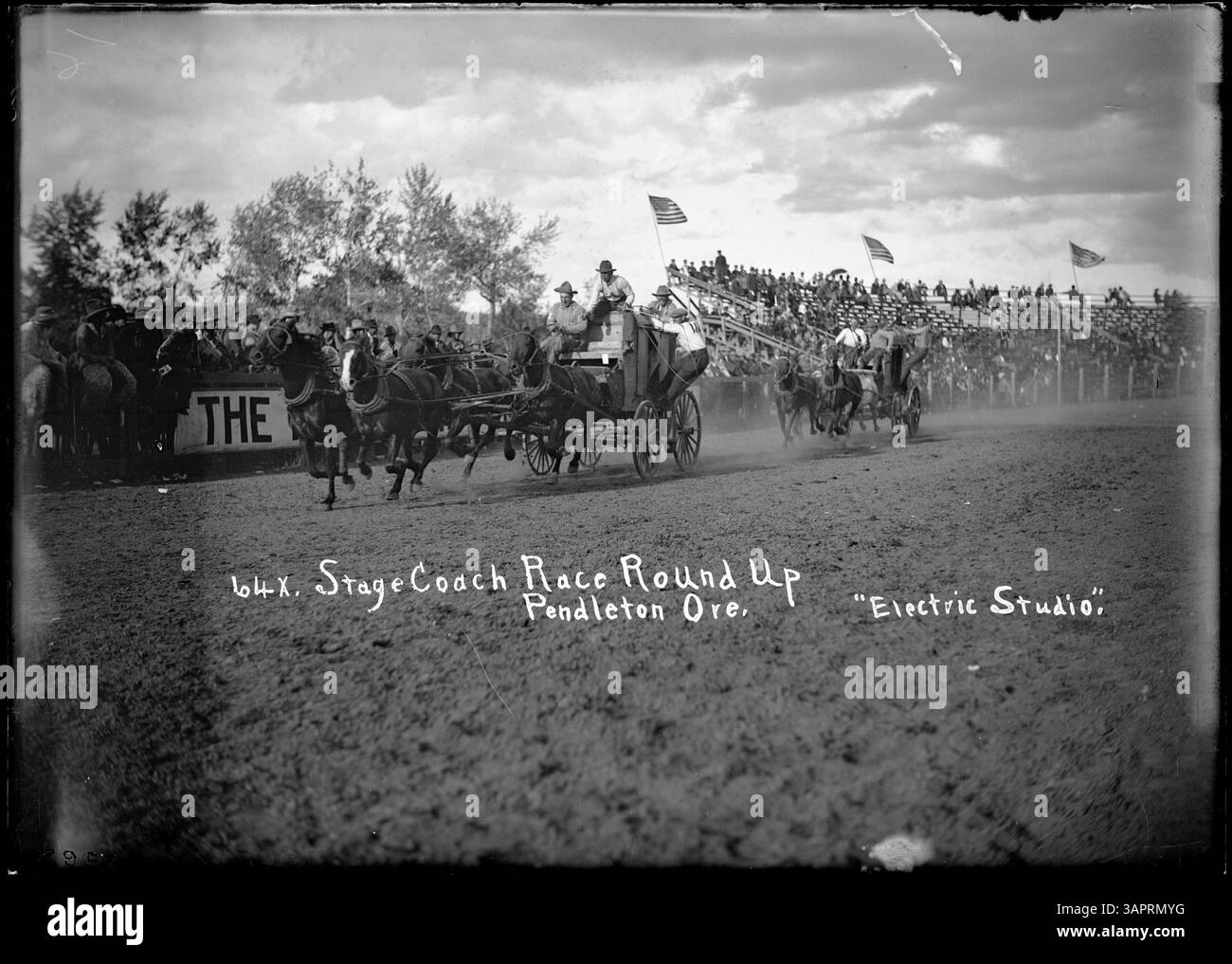 This photograph shows a stagecoach race, capturing a moment from a ...