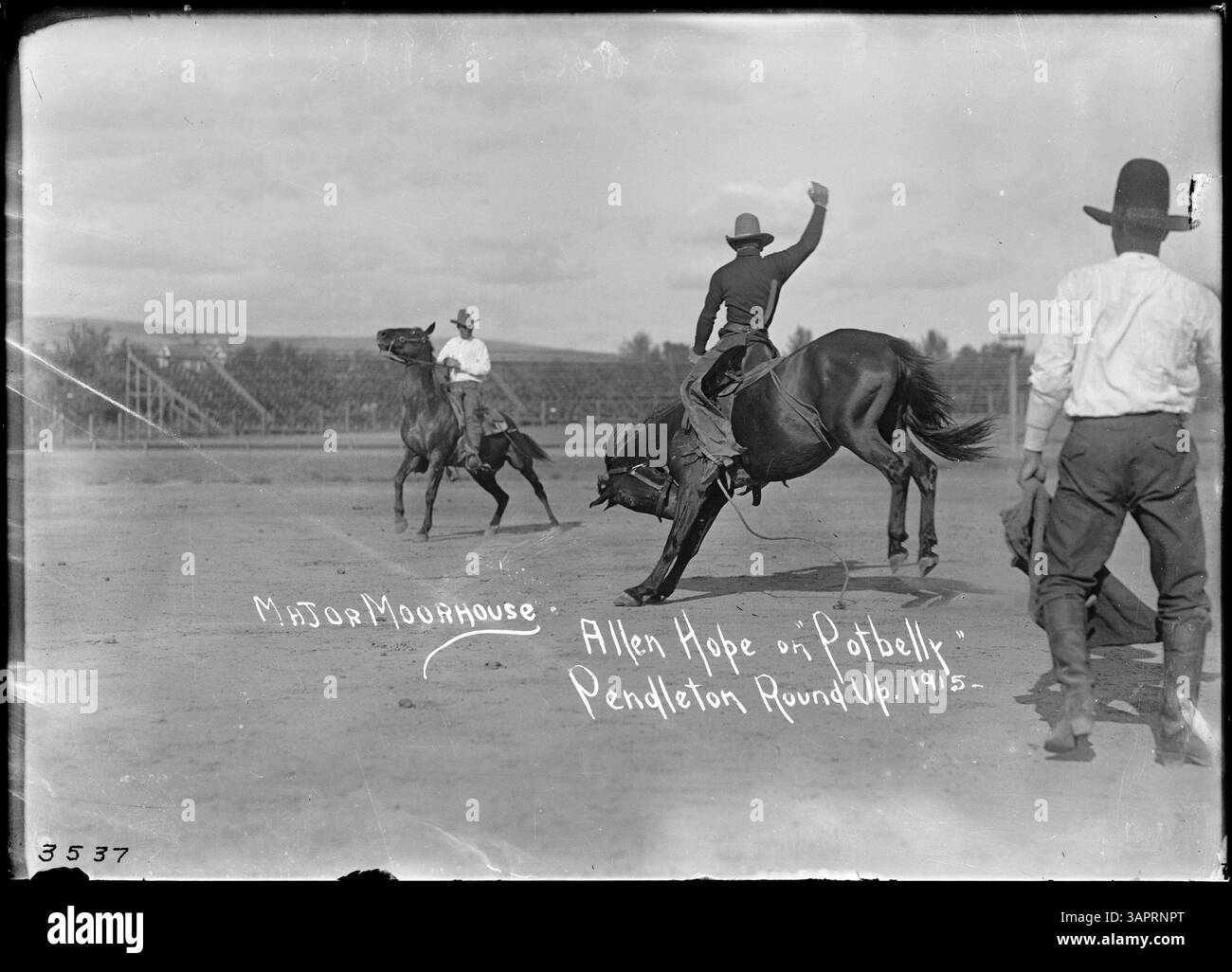 Alan Hope is photographed on the bucking horse Potbelly, capturing the ...
