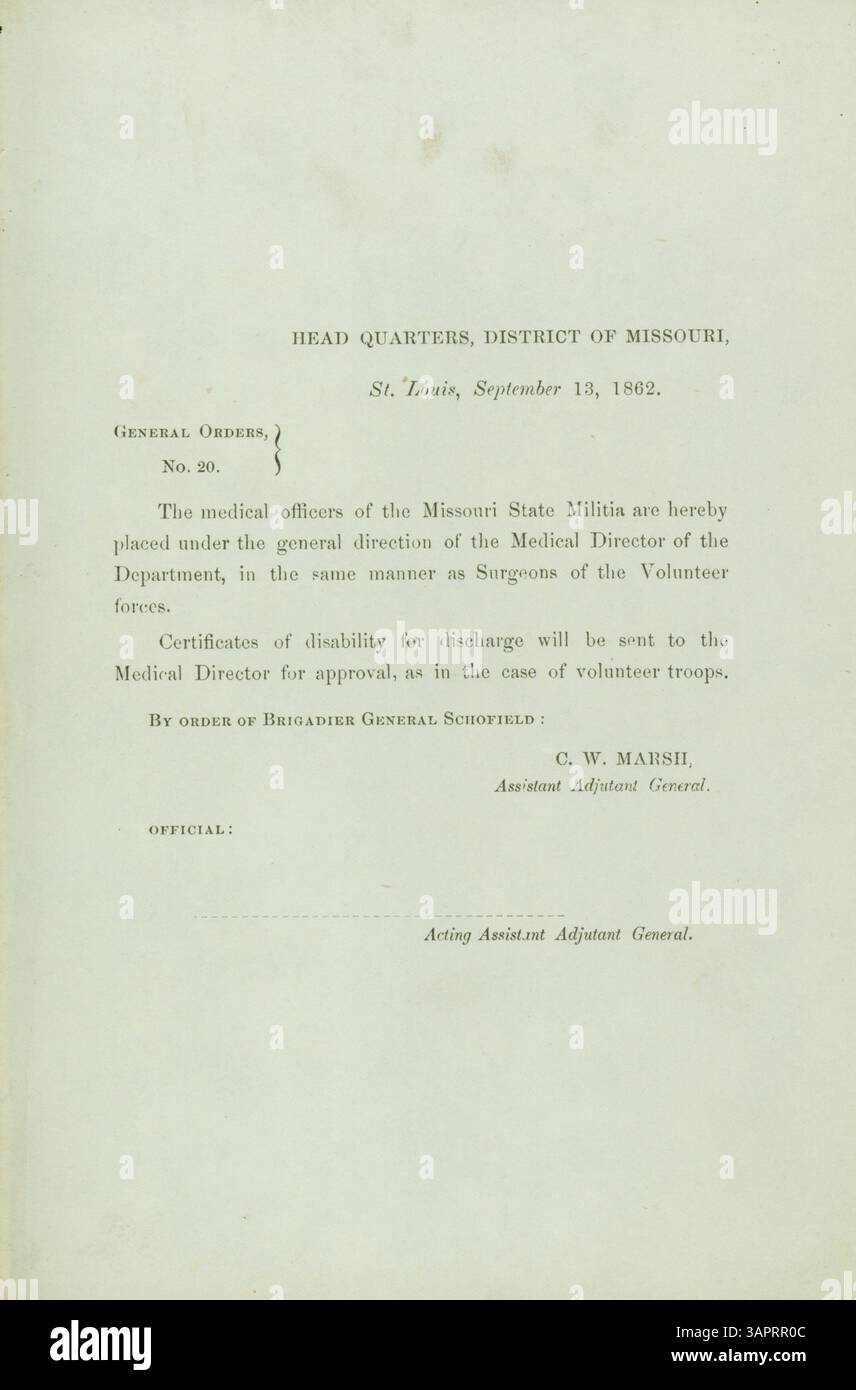 General Orders No. 20 from C.W. Marsh outlines instructions placing ...