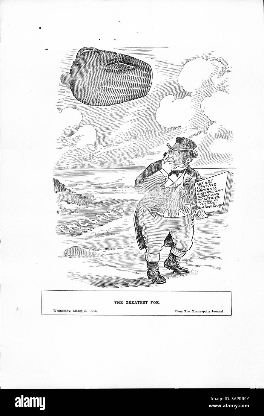 The image illustrates John Bull looking over England with a blimp ...
