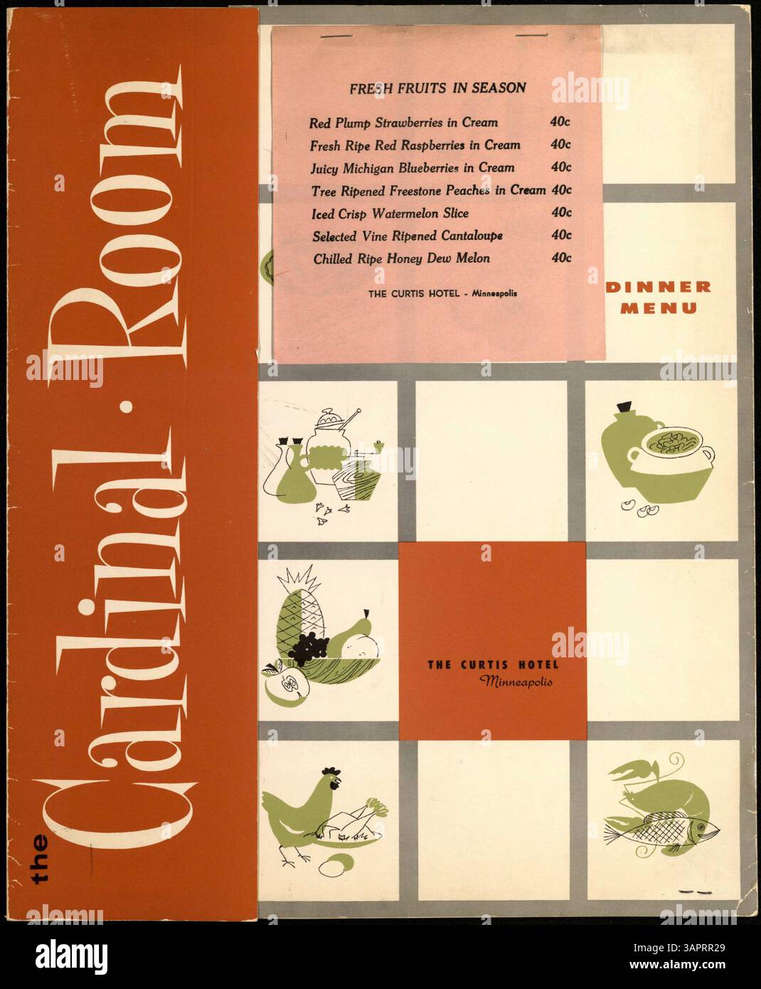 This menu features a tri-fold design with illustrations on the cover ...