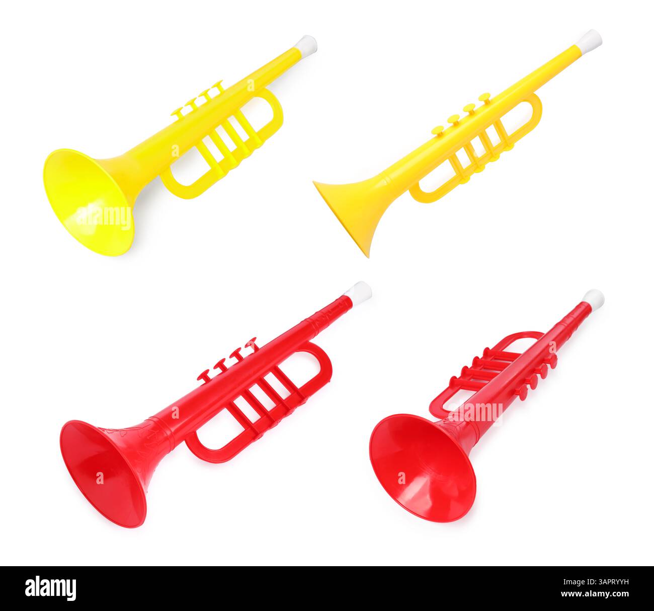 Bright toy horns on white background, collage. Child's musical ...
