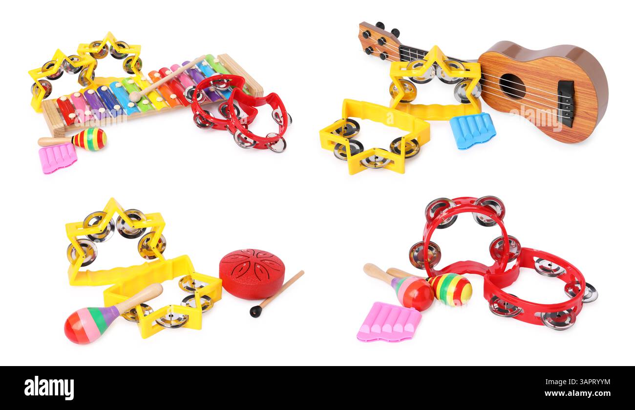 Different toy musical instruments for children on white background ...
