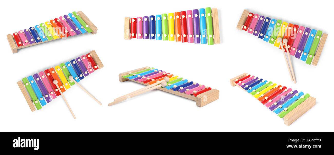 Colorful toy xylophone on white background, collage. Child's musical ...