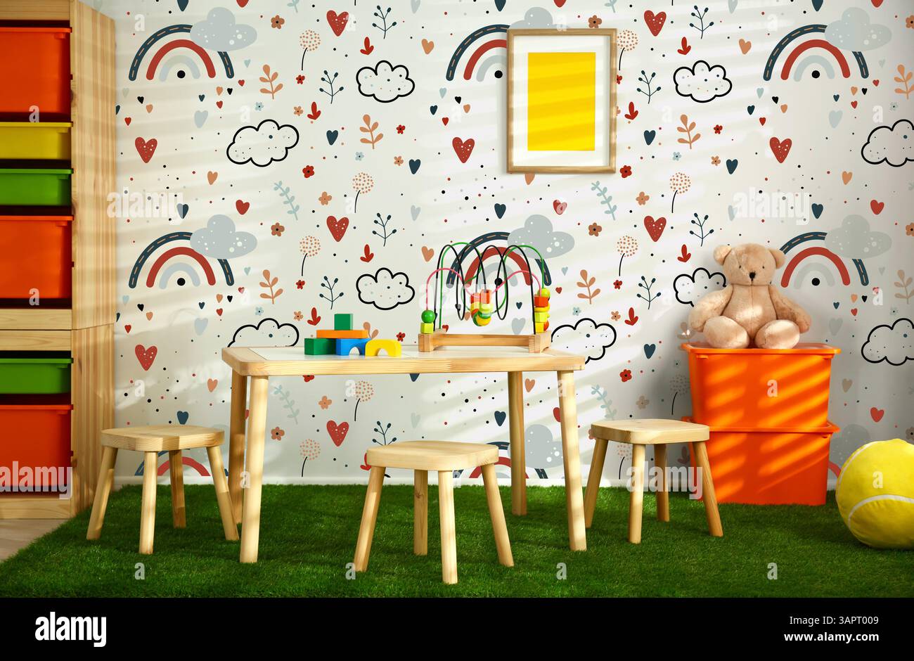 Cozy playroom with toys, furniture and cute wallpaper. Stylish children ...